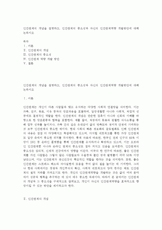 인간관계의 개념을 설명하고, 인간관계의 중요성과 자신의 인간관계역량 개발방안에 대해 논하시오