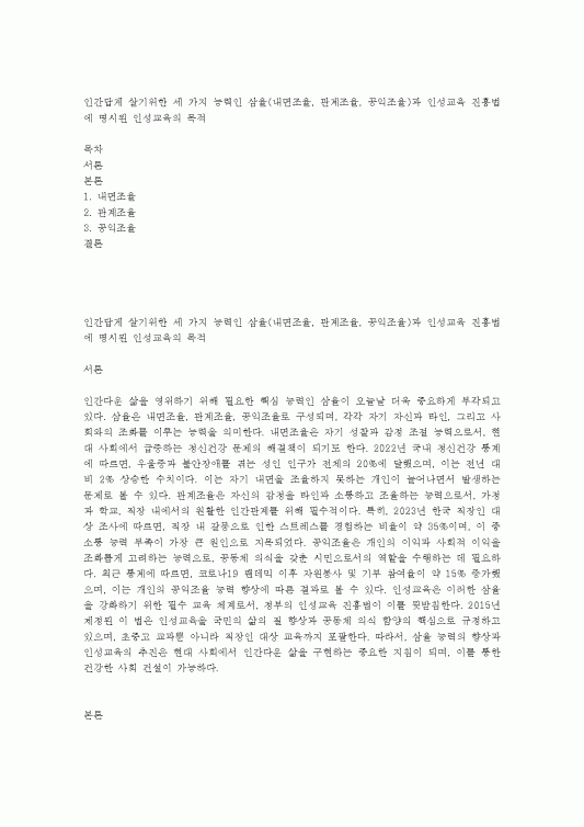 인간답게 살기위한 세 가지 능력인 삼율(내면조율, 관계조율, 공익조율)과 인성교육 진흥법에 명시된 인성교육의 목적