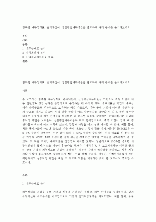 첨부한 재무상태표, 손익계산서, 산업평균재무비율을 참고하여 아래 문제를 분석해보세요