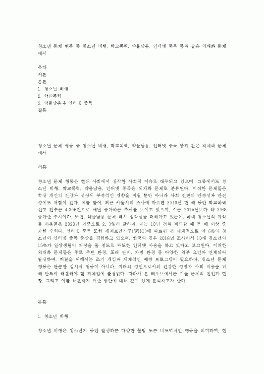 청소년 문제 행동 중 청소년 비행, 학교폭력, 약물남용, 인터넷 중독 등과 같은 외재화 문제에서