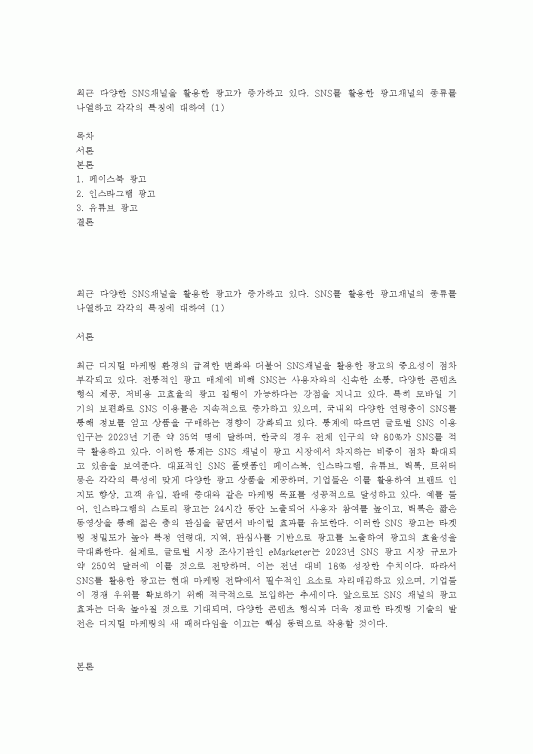 최근 다양한 SNS채널을 활용한 광고가 증가하고 있다. SNS를 활용한 광고채널의 종류를 나열하고 각각의 특징에 대하여 (1)