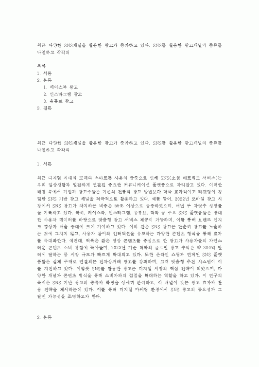 최근 다양한 SNS채널을 활용한 광고가 증가하고 있다. SNS를 활용한 광고채널의 종류를 나열하고 각각의