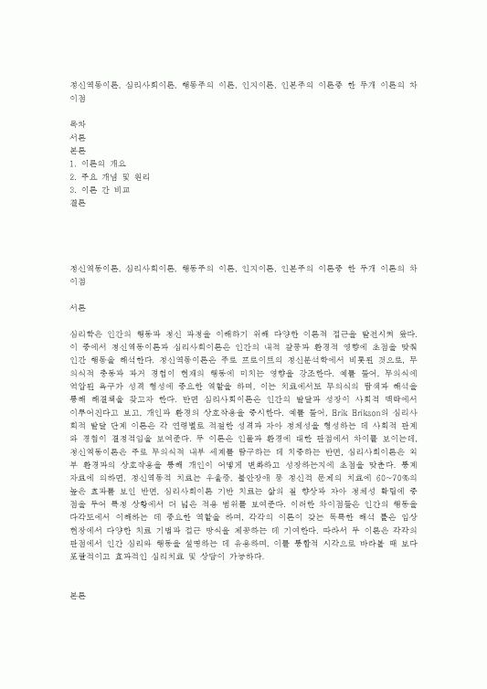 정신역동이론, 심리사회이론, 행동주의 이론, 인지이론, 인본주의 이론중 한 두개 이론의 차이점