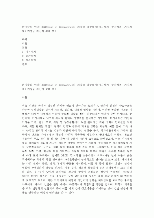 환경속의 인간(PIEPerson in Environment) 개념인 다중체계(미시체계, 중간체계, 거시체계) 개념을 자신이 속해 (1)