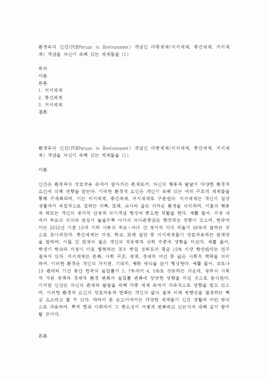 환경속의 인간(PIEPerson in Environment) 개념인 다중체계(미시체계, 중간체계, 거시체계) 개념을 자신이 속해 있는 체계들을 (1)