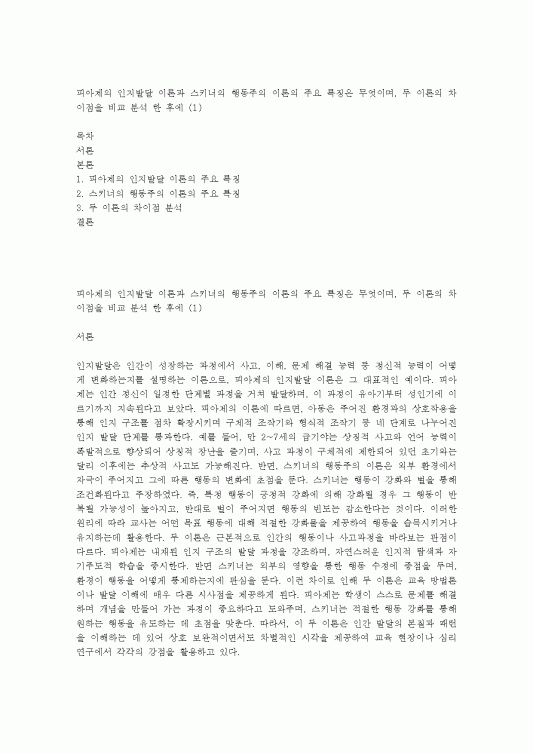 피아제의 인지발달 이론과 스키너의 행동주의 이론의 주요 특징은 무엇이며, 두 이론의 차이점을 비교 분석 한 후에 (1)