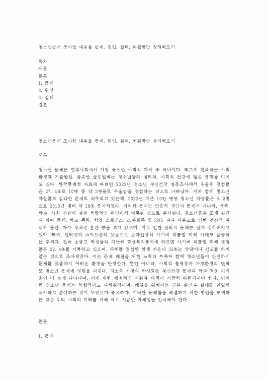 청소년문제 조사한 내용을 문제, 원인, 실태, 해결방안 정리해오기