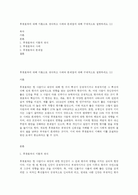 후광효과에 대해 이론으로 정의하고 사례와 문제점에 대해 구체적으로 설명하세요 (2)