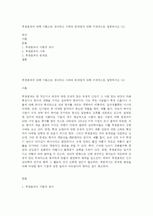 후광효과에 대해 이론으로 정의하고 사례와 문제점에 대해 구체적으로 설명하시오 (4)