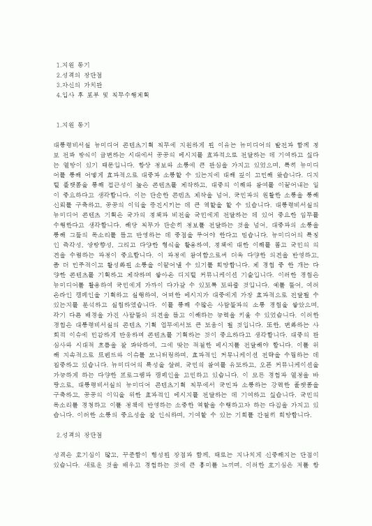 대통령비서실 뉴미디어 콘텐츠기획 직무 BEST 우수 자기소개서 자소서