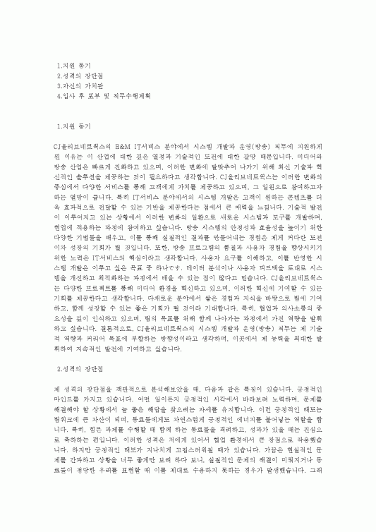 CJ올리브네트웍스_E&M IT서비스_시스템개발_운영(방송)_BEST 우수 자기소개서