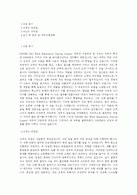 NAVER I&S Work Experience Sharing Support 직무 BEST 우수 자기소개서 자소서