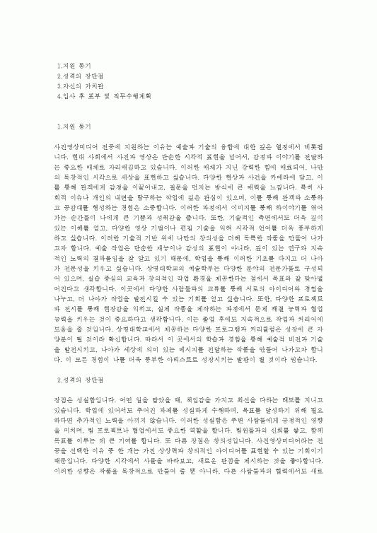 상명대학교 예술학부 사진영상미디어전공 학업계획서 BEST 우수