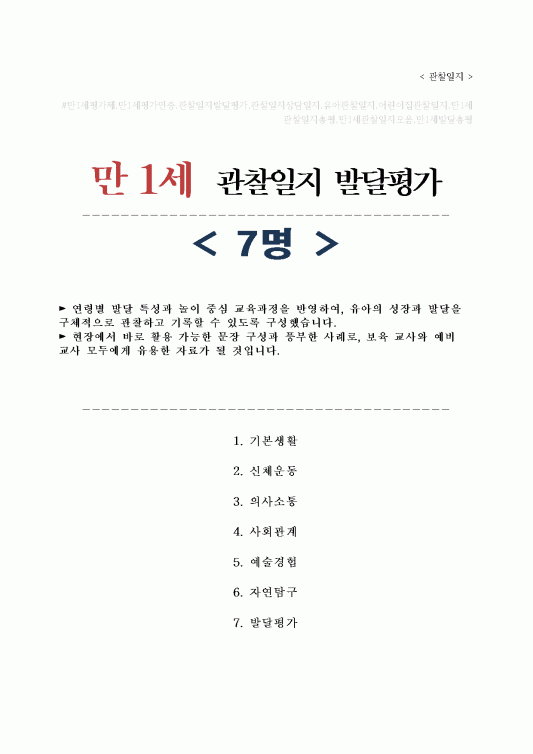 [관찰일지] 만 1세 관찰내용 발달평가 (7명) 내용풍부함