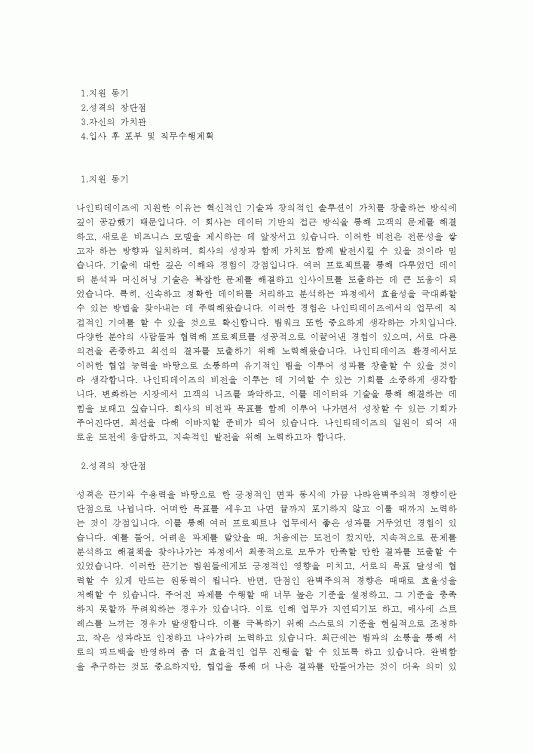 나인티데이즈 BEST 우수 자기소개서 자소서