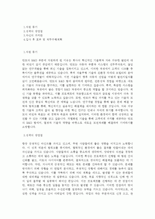 만도_R&D_개발_해석_BEST 우수 자기소개서