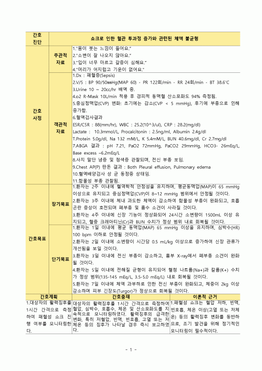 쇼크로 인한 혈관 투과성 증가와 관련된 체액 불균형(패혈증)