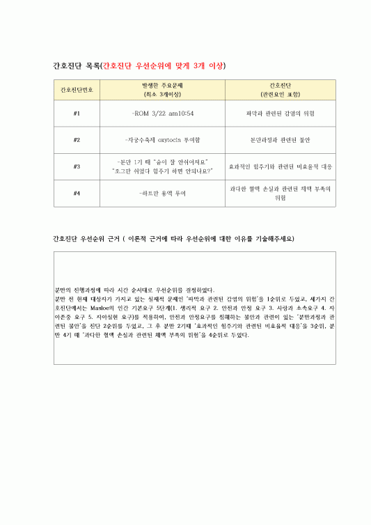여성간호학실습 케이스 스터디, 모성간호학 케이스 스터디, 받은 케이스스터디, 간호진단 4개, 간호과정3개, 파막과 관련된 감염의 위험성, 분만과정과 관련된 불안, 효과적인 힘주기와 관련된 비효율적 대응 6 페이지