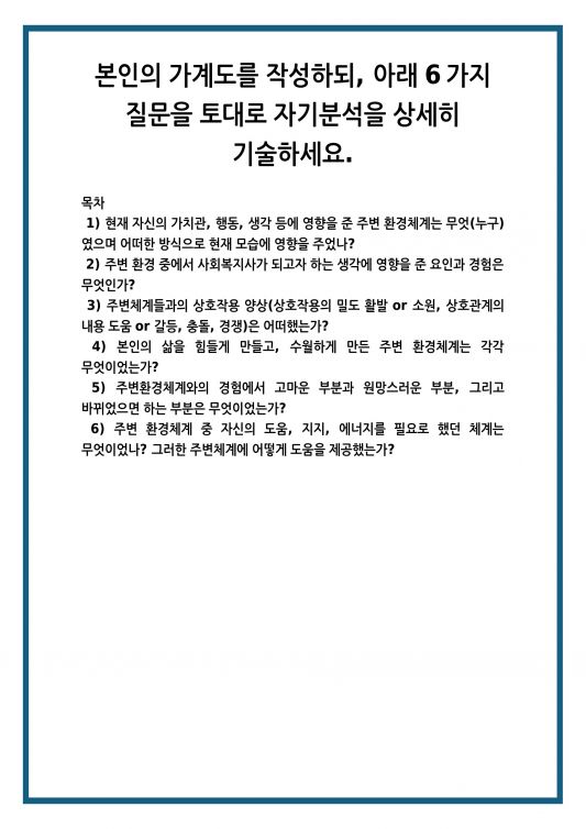 본인의 가계도를 작성하되, 아래 6가지 질문을 토대로 자기분석을 상세히 기술하세요.