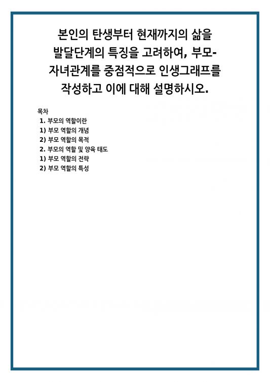 본인의 탄생부터 현재까지의 삶을 발달단계의 특징을 고려하여, 부모-자녀관계를 중점적으로 인생그래프를 작성하고 이에 대해 설명하시오.