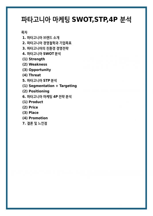 파타고니아 마케팅 SWOT,STP,4P 분석