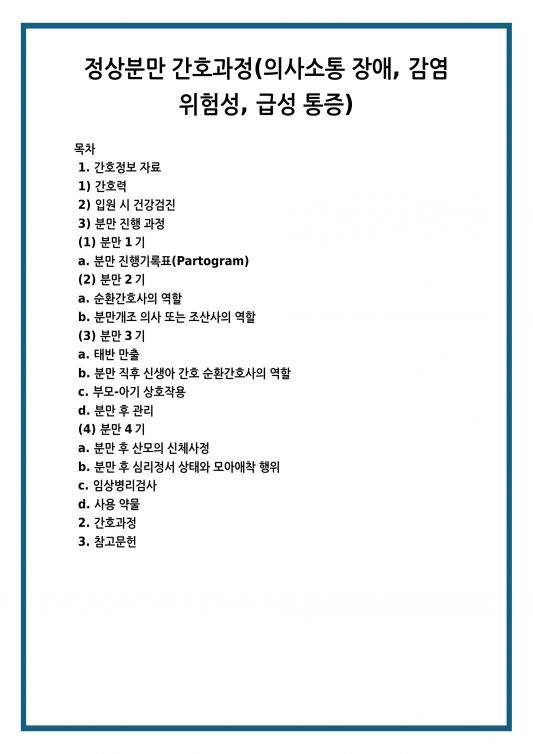 정상분만 간호과정(의사소통 장애, 감염 위험성, 급성 통증)