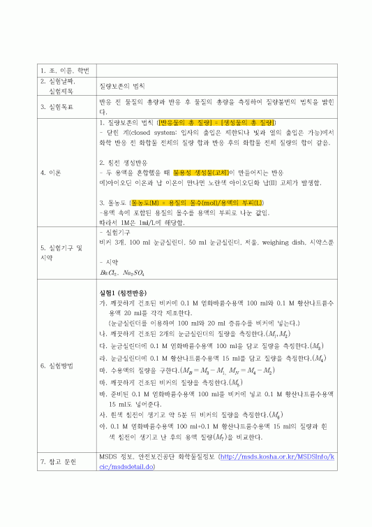질량보존의 법칙 예비레포트