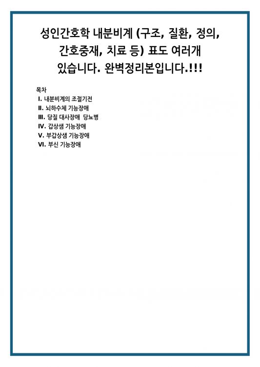 성인간호학 내분비계 (구조, 질환, 정의, 간호중재, 치료 등) 표도 여러개 있습니다. 완벽정리본입니다.!!!