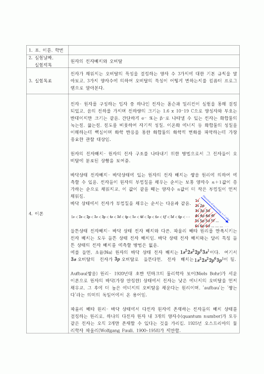 원자의 전자배치와 오비탈 예비레포트