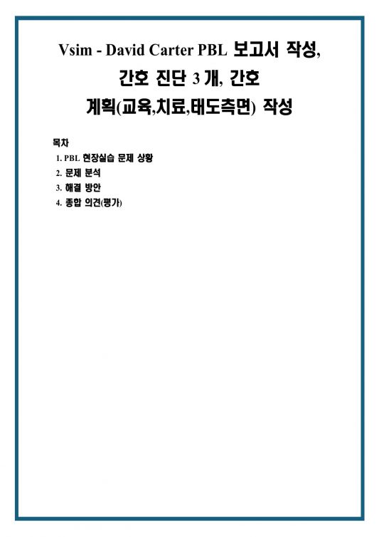 Vsim - David Carter PBL 보고서 작성, 간호 진단 3개, 간호 계획(교육,치료,태도측면) 작성