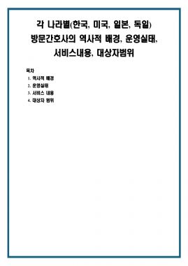 각 나라별(한국, 미국, 일본, 독일) 방문간호사의 역사적 배경, 운영실태, 서비스내용, 대상자범위