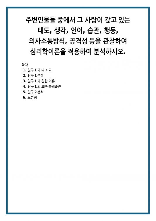 주변인물들 중에서 그 사람이 갖고 있는 태도, 생각, 언어, 습관, 행동, 의사소통방식, 공격성 등을 관찰하여 심리학이론을 적용하여 분석하시오.