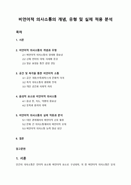 비언어적 의사소통의 개념 신체 언어 얼굴 표정 시선 및 눈맞춤 자세와 몸짓 공간 이용(공간적 의사소통) 촉각 의사소통 음성적 요소(음성 톤, 속도 등)
