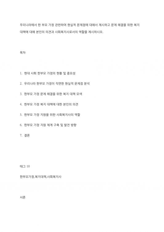 우리나라에서 한 부모 가정 관련하여 현실적 문제점에 대해서 제시하고 문제 해결을 위한 복지 대책에 대해 본인의 의견과 사회복지사로서의 역할을 제시하시오