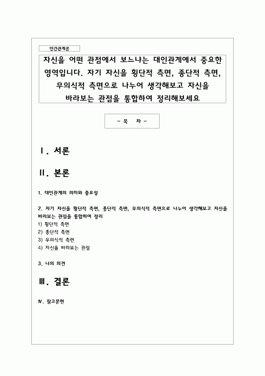 자신을 어떤 관점에서 보느냐는 대인관계에서 중요한 영역입니다. 자기 자신을 횡단적 측면, 종단적 측면, 무의식적 측면으로 나누어 생각해보고 자신을 바라보는 관점을 통합하여 정리해보세요