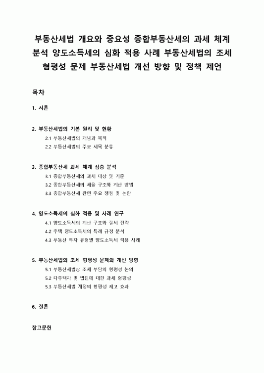 부동산세법 개요와 중요성 종합부동산세의 과세 체계 분석 양도소득세의 심화 적용 사례 부동산세법의 조세 형평성 문제 부동산세법 개선 방향 및 정책 제언