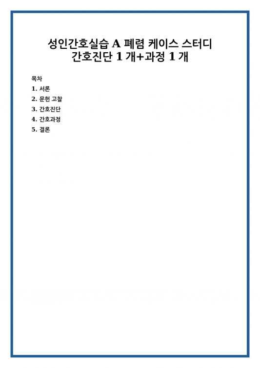 성인간호실습 A 폐렴 케이스 스터디 간호진단 1개+과정 1개