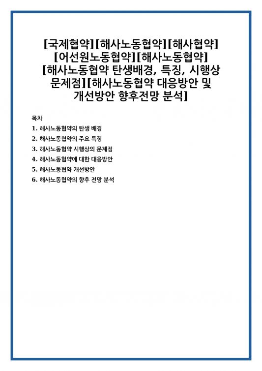 [국제협약][해사노동협약][해사협약][어선원노동협약][해사노동협약][해사노동협약 탄생배경, 특징, 시행상 문제점][해사노동협약 대응방안 및 개선방안 향후전망 분석]