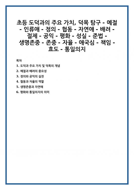 초등 도덕과의 주요 가치, 덕목 탐구 - 예절 - 인류애 - 정의 - 협동 - 자연애 - 배려 - 절제 - 공익 - 평화 - 성실 - 준법 - 생명존중 - 존중 - 자율 - 애국심 - 책임 - 효도 - 통일의지