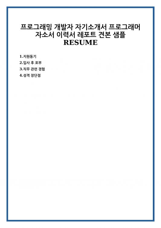 프로그래밍 개발자 자기소개서 프로그래머 자소서 이력서 레포트 견본 샘플 RESUME