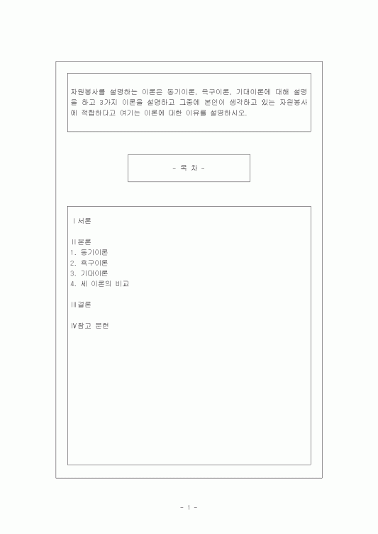 자원봉사를 설명하는 이론은 동기이론, 욕구이론, 기대이론에 대해 설명을 하고 3가지 이론을 설명하고 그중에 본인이 생각하고 있는 자원봉사에 적합하다고 여기는 이론에 대한 이유를 설명하시오
