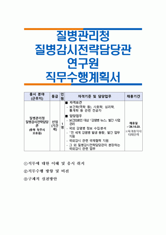 질병관리청 질병감시전략담당관 연구원  직무수행계획서