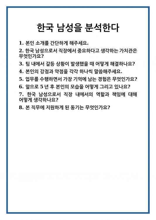 [면접 합격자료] 한국 남성을 분석한다 면접 질문 및 답변 합격 예문 기출 문항 최종 준비 자료