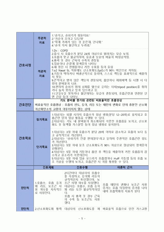 기도 분비물 증가와 관련된 비효율적인 호흡양상(COPD)