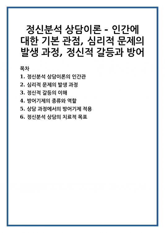 정신분석 상담이론 - 인간에 대한 기본 관점, 심리적 문제의 발생 과정, 정신적 갈등과 방어
