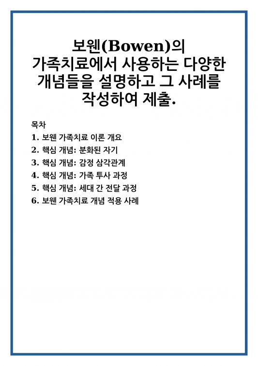 보웬(Bowen)의 가족치료에서 사용하는 다양한 개념들을 설명하고 그 사례를 작성하여 제출.