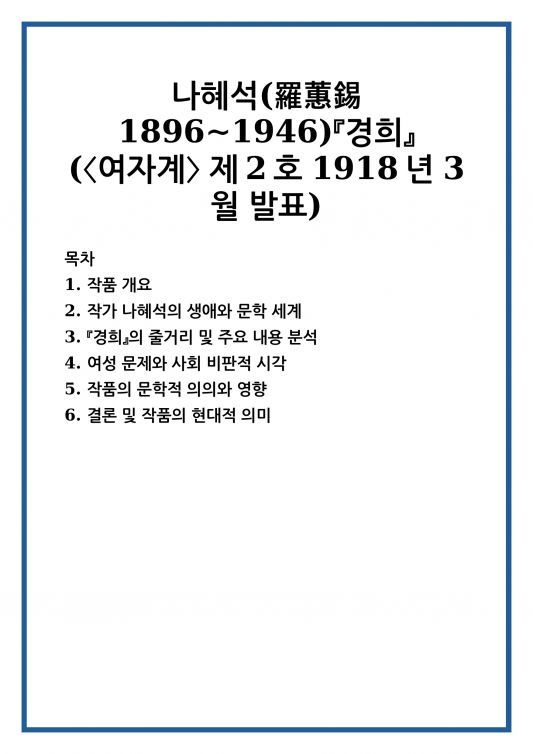 나혜석(羅蕙錫 1896∼1946)『경희』(〈여자계〉 제2호 1918년 3월 발표)