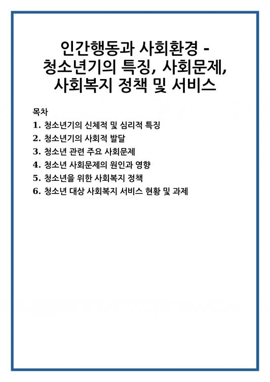 인간행동과 사회환경 - 청소년기의 특징, 사회문제, 사회복지 정책 및 서비스