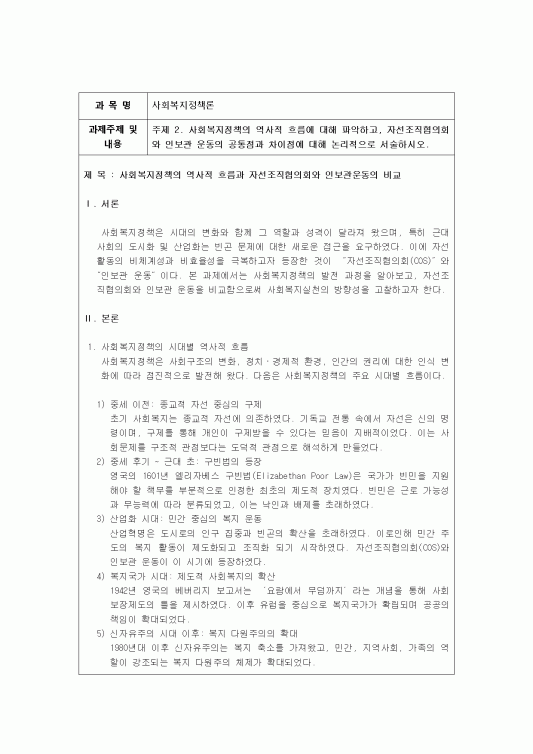 사회복지정책의 역사적 흐름에 대해 파악하고, 자선조직협의회와 인보관 운동의 공통점과 차이점에 대해 논리적으로 서술하시오.