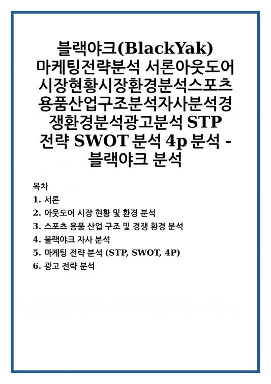 블랙야크(BlackYak) 마케팅전략분석 서론아웃도어 시장현황시장환경분석스포츠 용품산업구조분석자사분석경쟁환경분석광고분석STP전략 SWOT분석4p분석 - 블랙야크 분석
